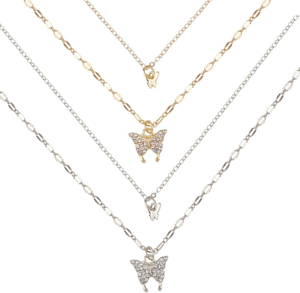 2 Colors Butterfly Necklace Set Layered Silver Necklaces Rhinestone ...