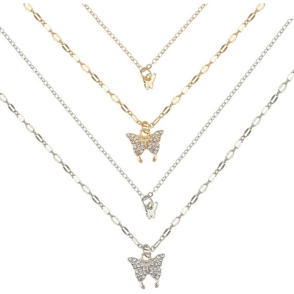 2 Colors Butterfly Necklace Set Layered Silver Necklaces Rhinestone ...