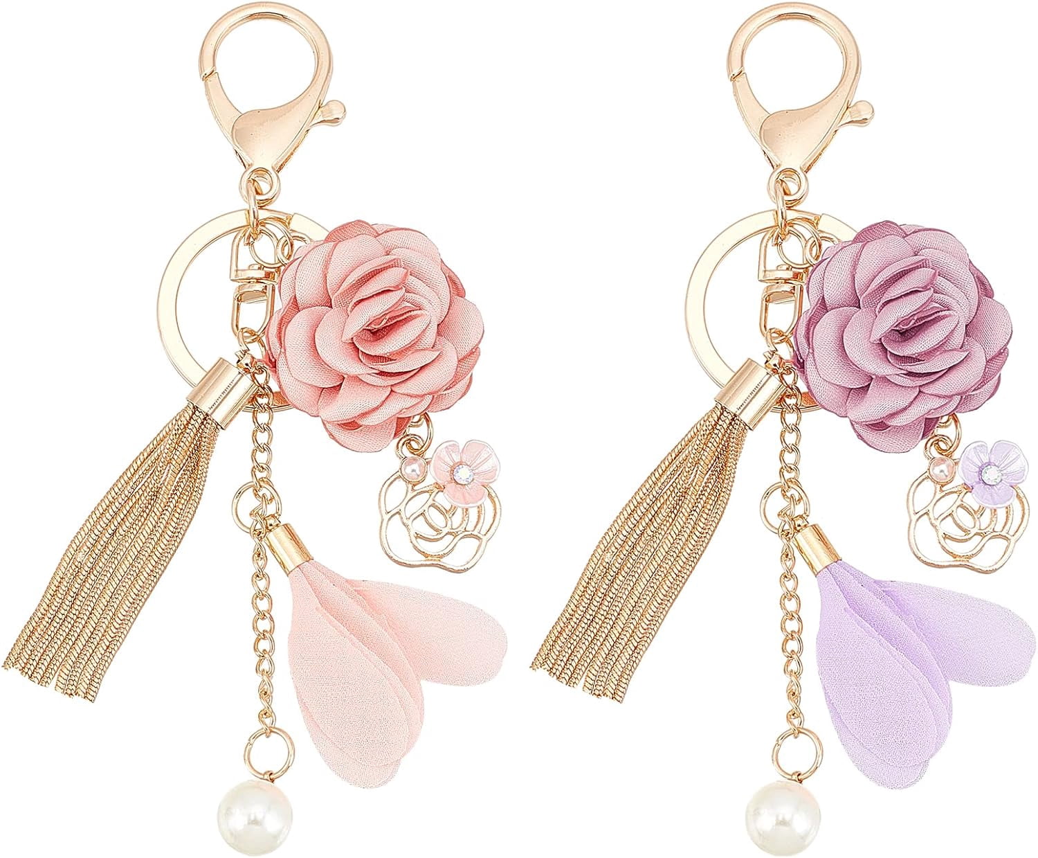 2 Colors Flower Tassel Keychain Blossoming Rose Flower Pearl Car ...