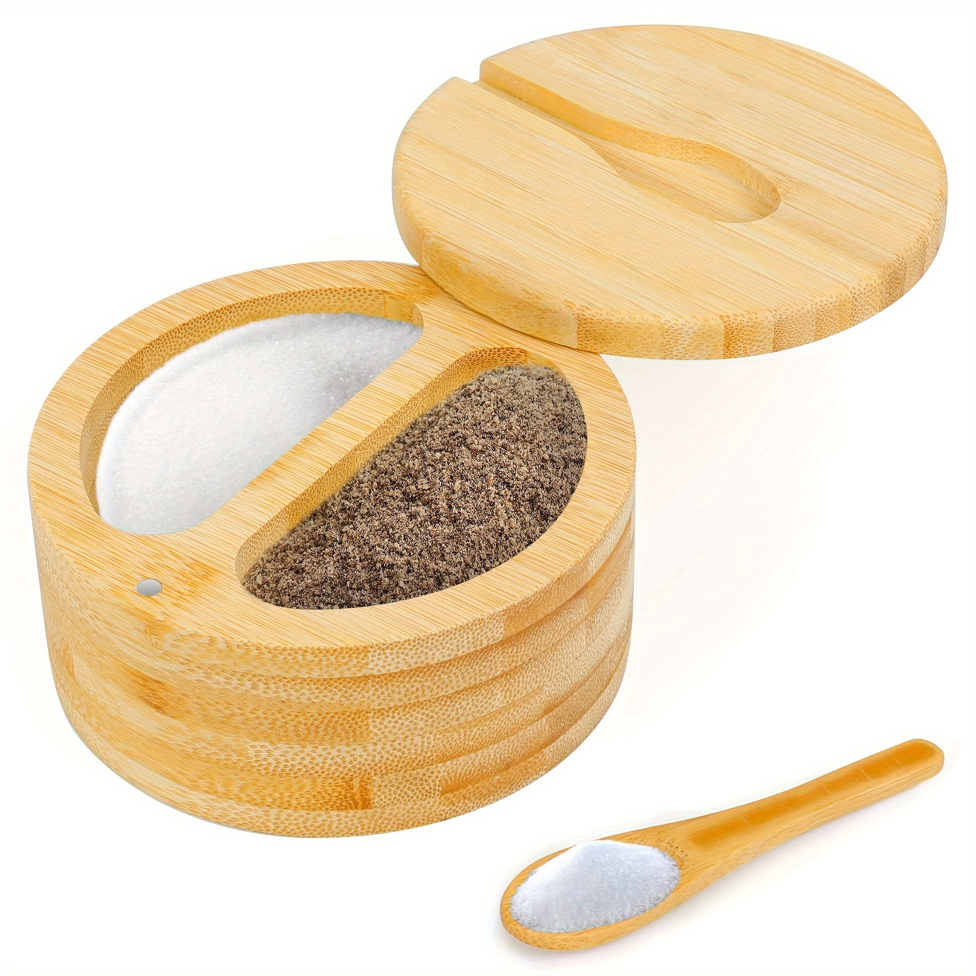 2-Compartment 6oz Bamboo Spice Storage Box - Salt & Pepper Cellar with ...