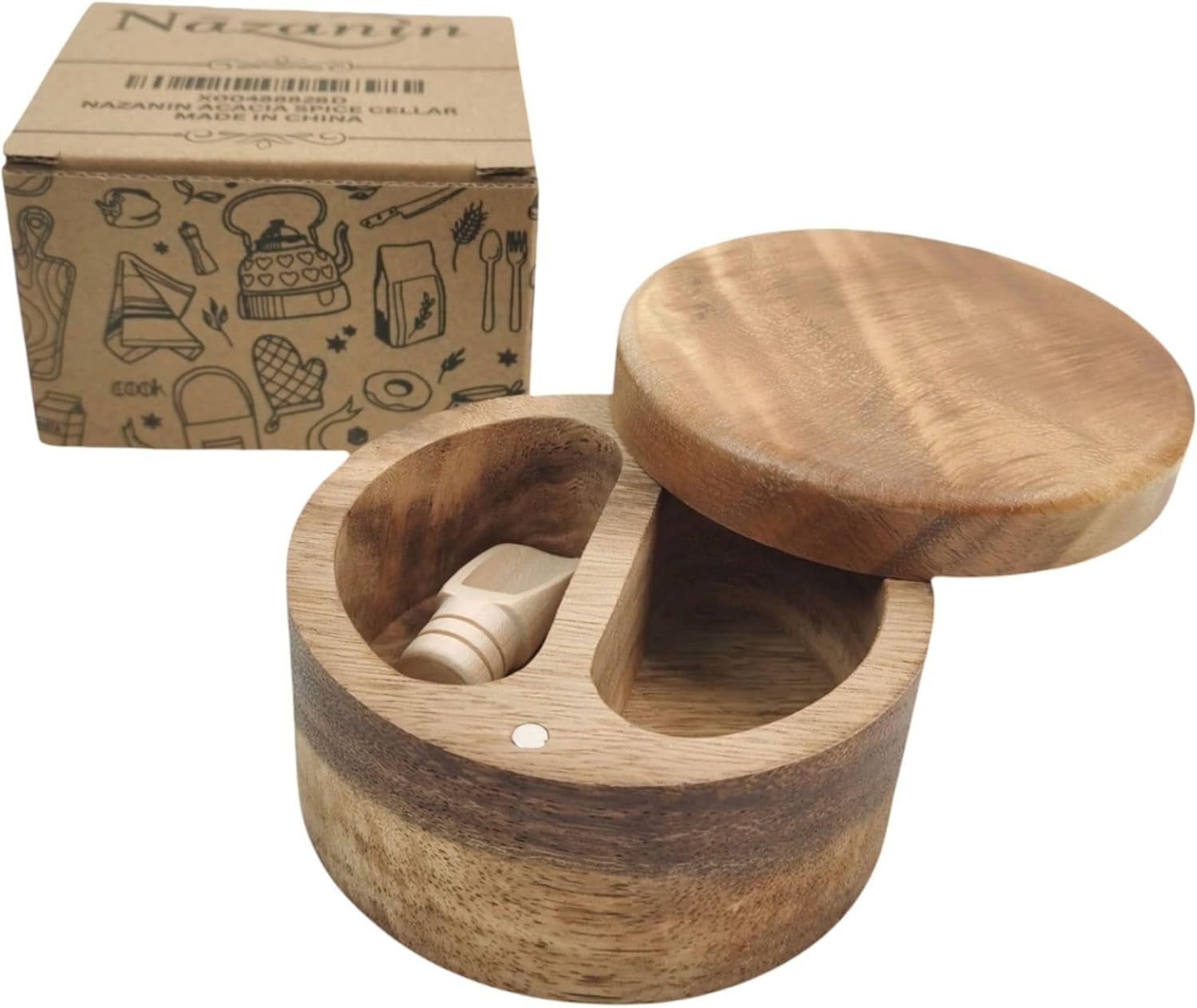 2-Compartment Acacia Salt Cellar with Magnetic Swivel Lid, Round Salt ...