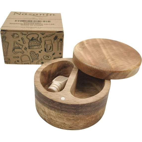 2-Compartment Acacia Salt Cellar with Magnetic Swivel Lid, Round Salt ...
