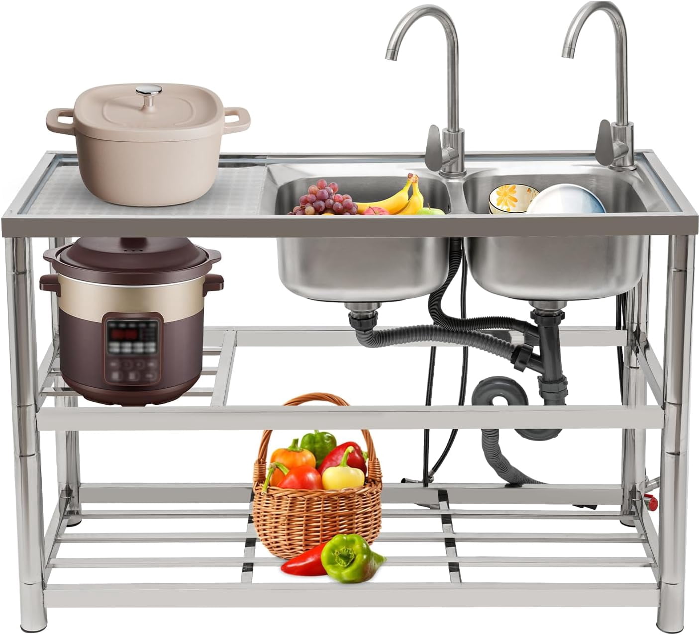 2 Compartment Commercial Kitchen Sink Restaurant Sinks, Stainless Steel ...