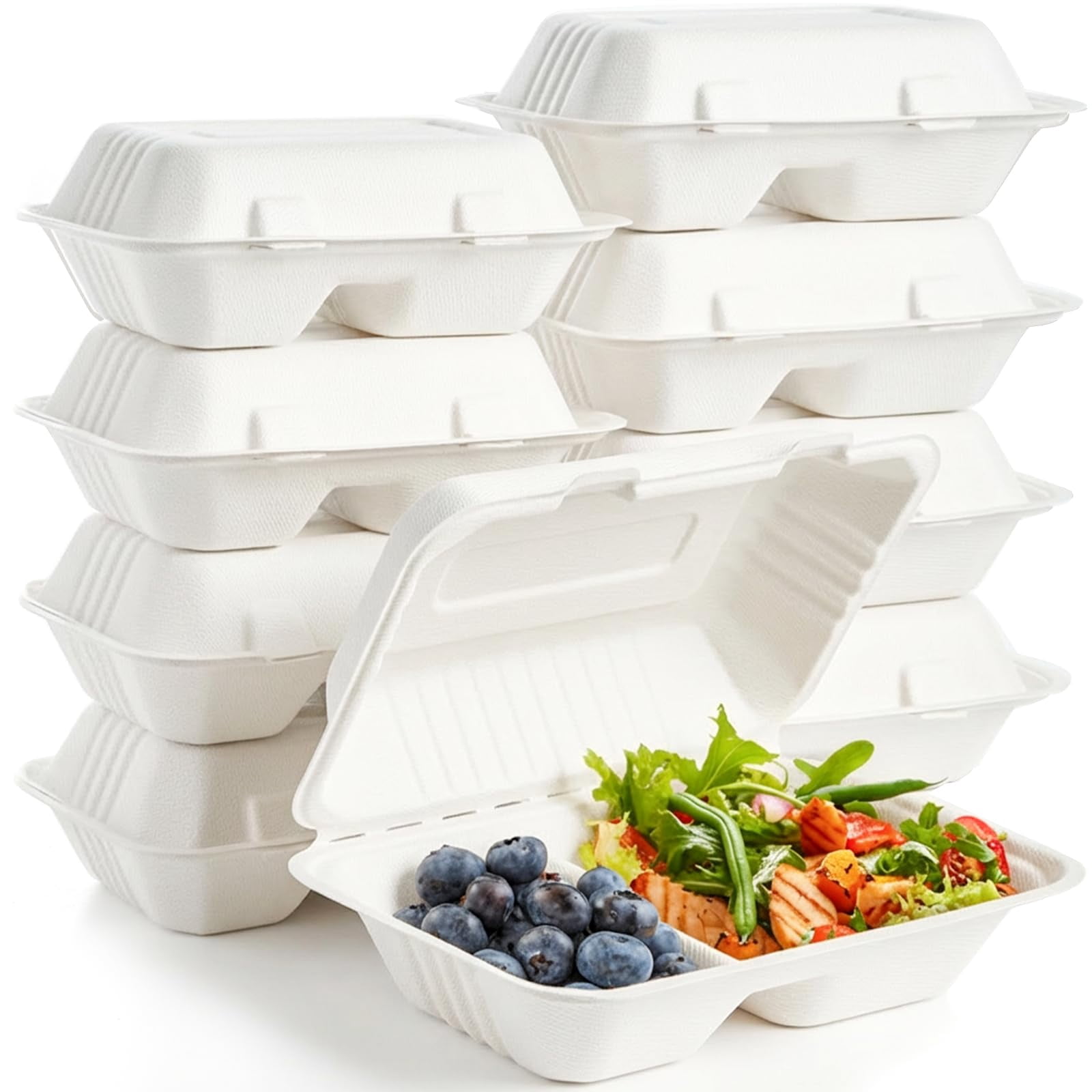 2 Compartment Disposable Bagasse Food Storage Containers 90 Pack To Go ...