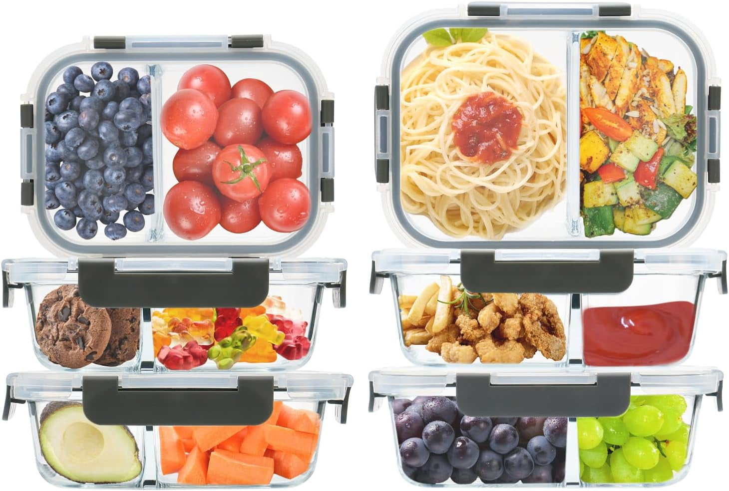 2 Compartment Glass Meal Prep Containers, 6 Pack Reusable Food Storage ...