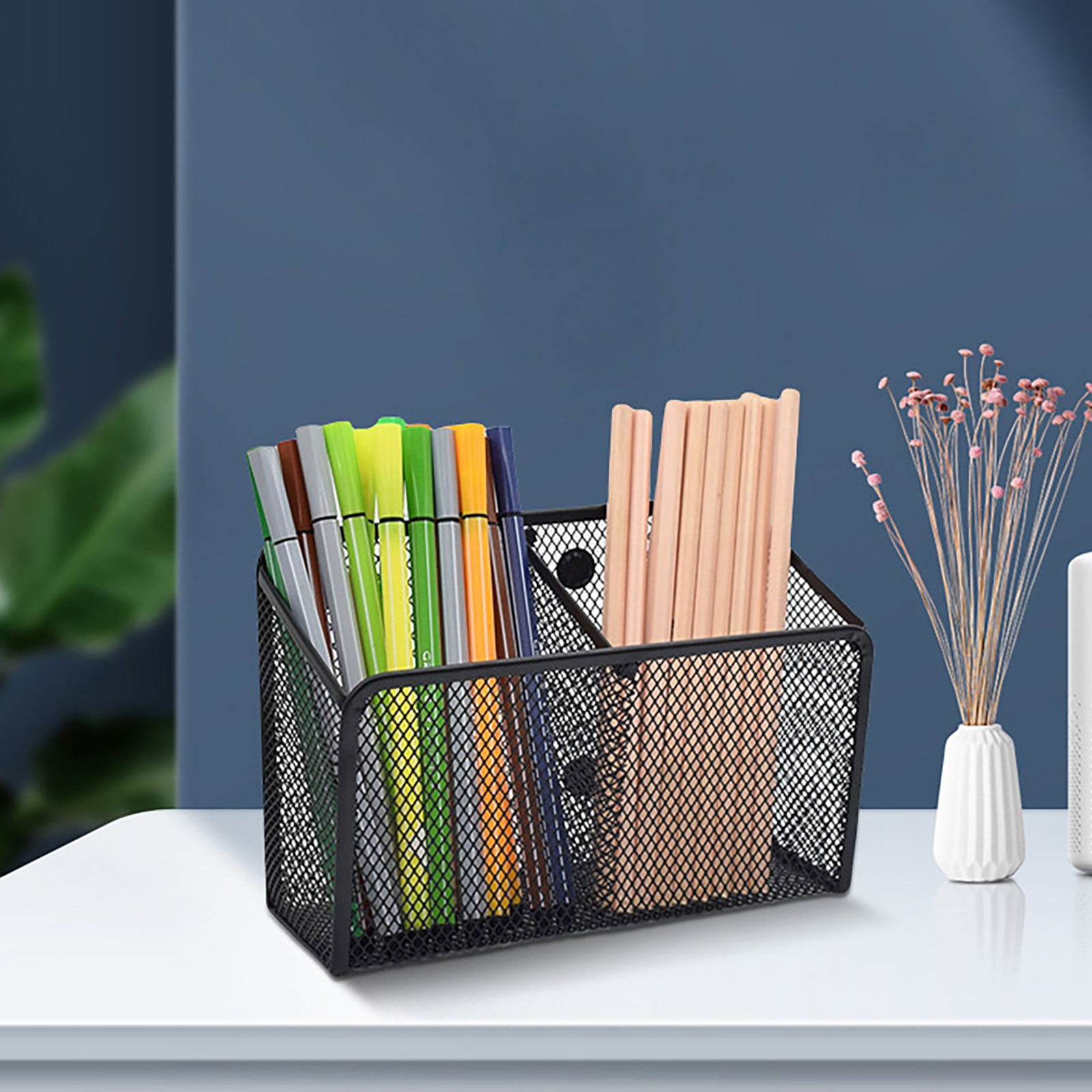 2 Compartment Magnetic Pen Holder Mesh Desk Organizer Metal Storage ...