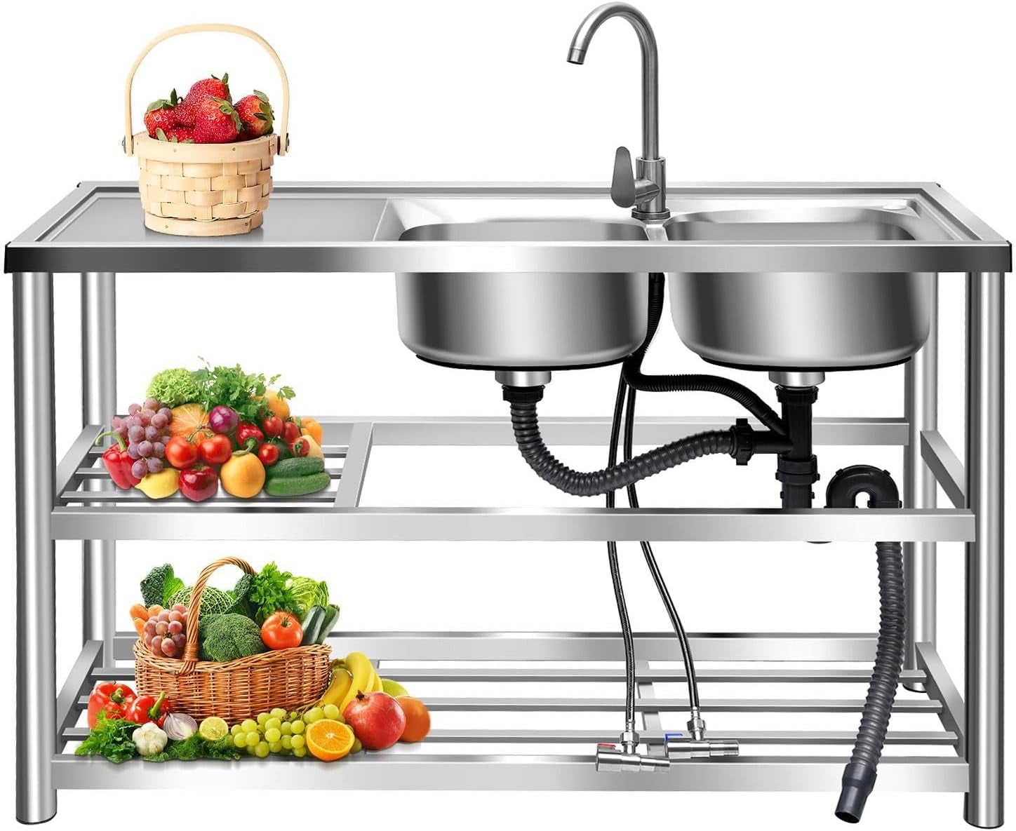 2 Compartment Stainless Steel Commercial Kitchen Utility Sink + Prep ...