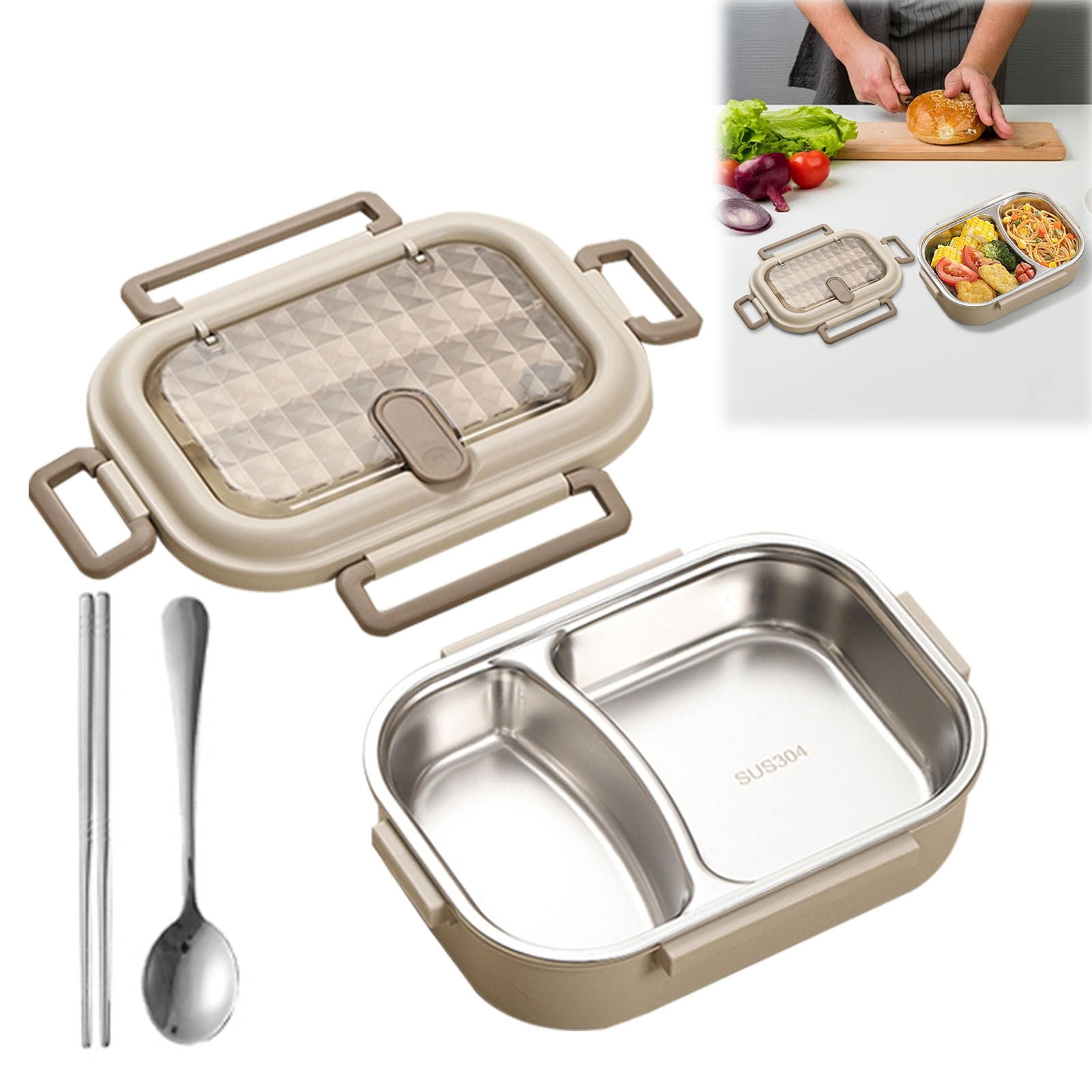 2-Compartment Stainless Steel Lunch Box, Leakproof Insulated Salad Bowl ...