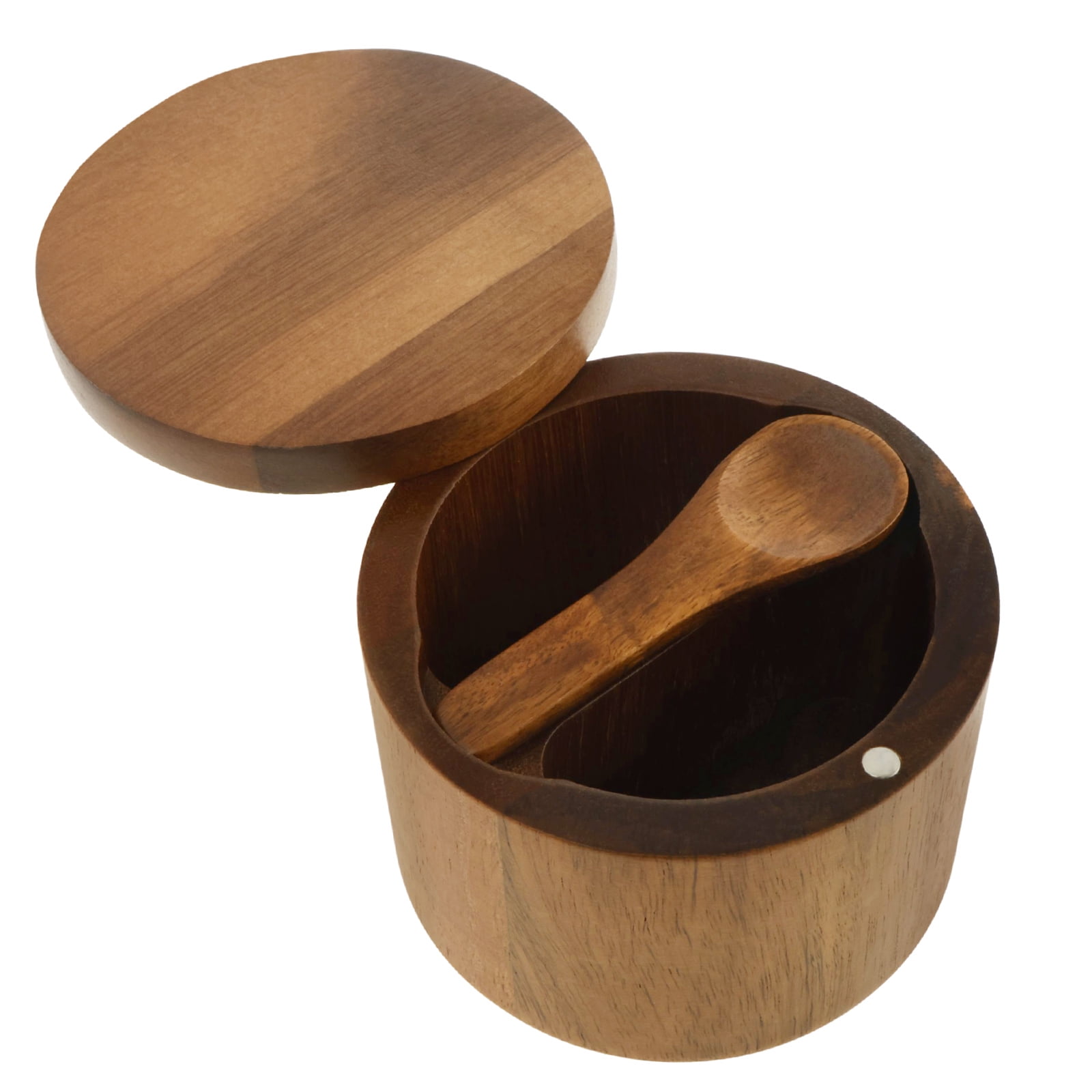 2 Compartments Acacia Wood Salt Bowl with Built in Spoon and Magnetic ...