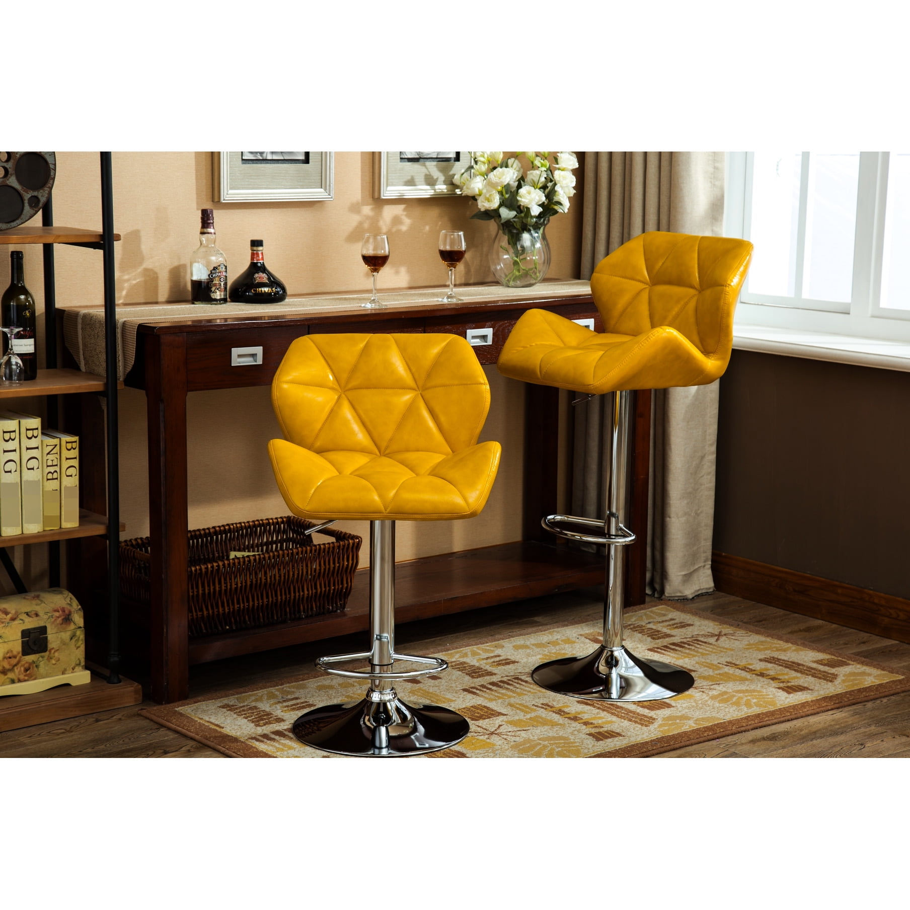 2 Contemporary Bar Stools In Yellow - Pu Leather Seat With Adjustable ...