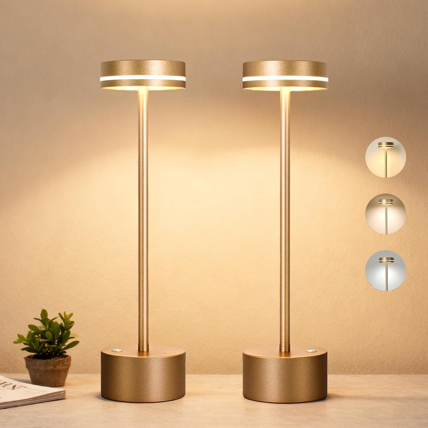 2 Cordless Table Lamp , Touch Desk Lamp - 5000mAh , 3 Color Dimmable ...