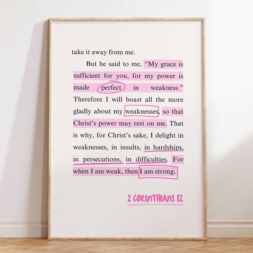 2 Corinthians 12 9 Wall Art Pink Christian Wall Art Quote Wall Prints ...
