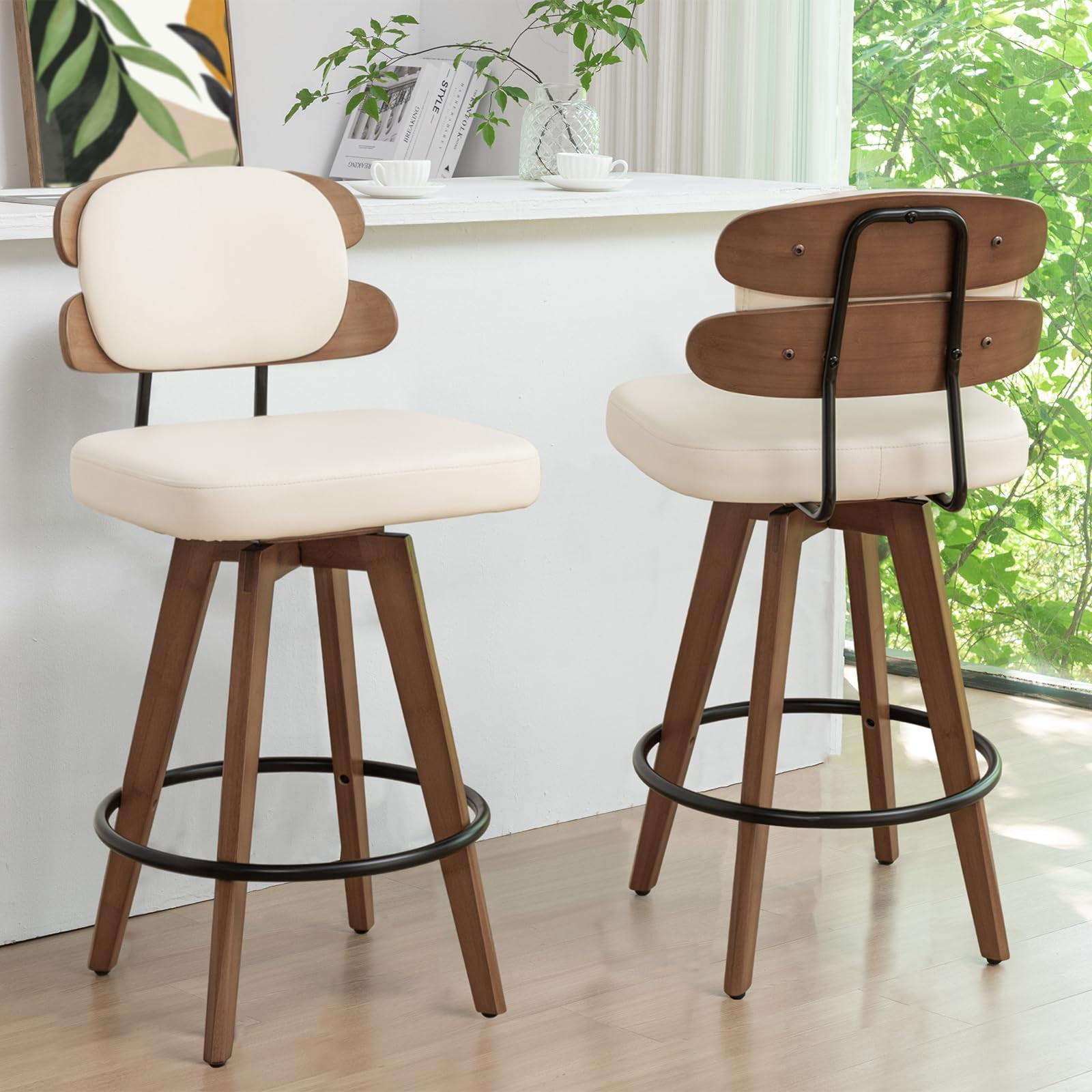 2 Counter Bar Stools 26.4 Inch Swivel Design, Walnut Crafted Frame with ...
