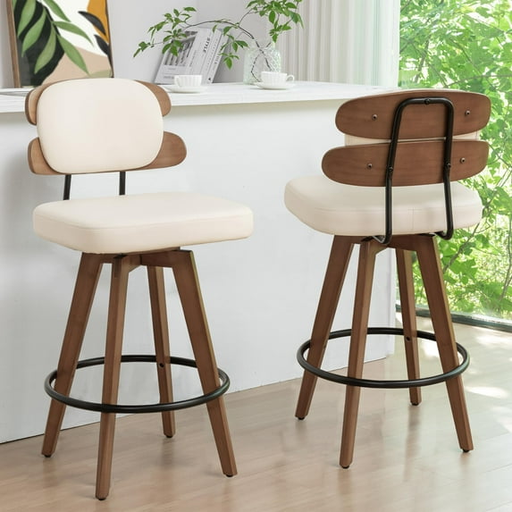 2 Counter Bar Stools 26.4 Inch Swivel Design, Walnut Crafted Frame with ...