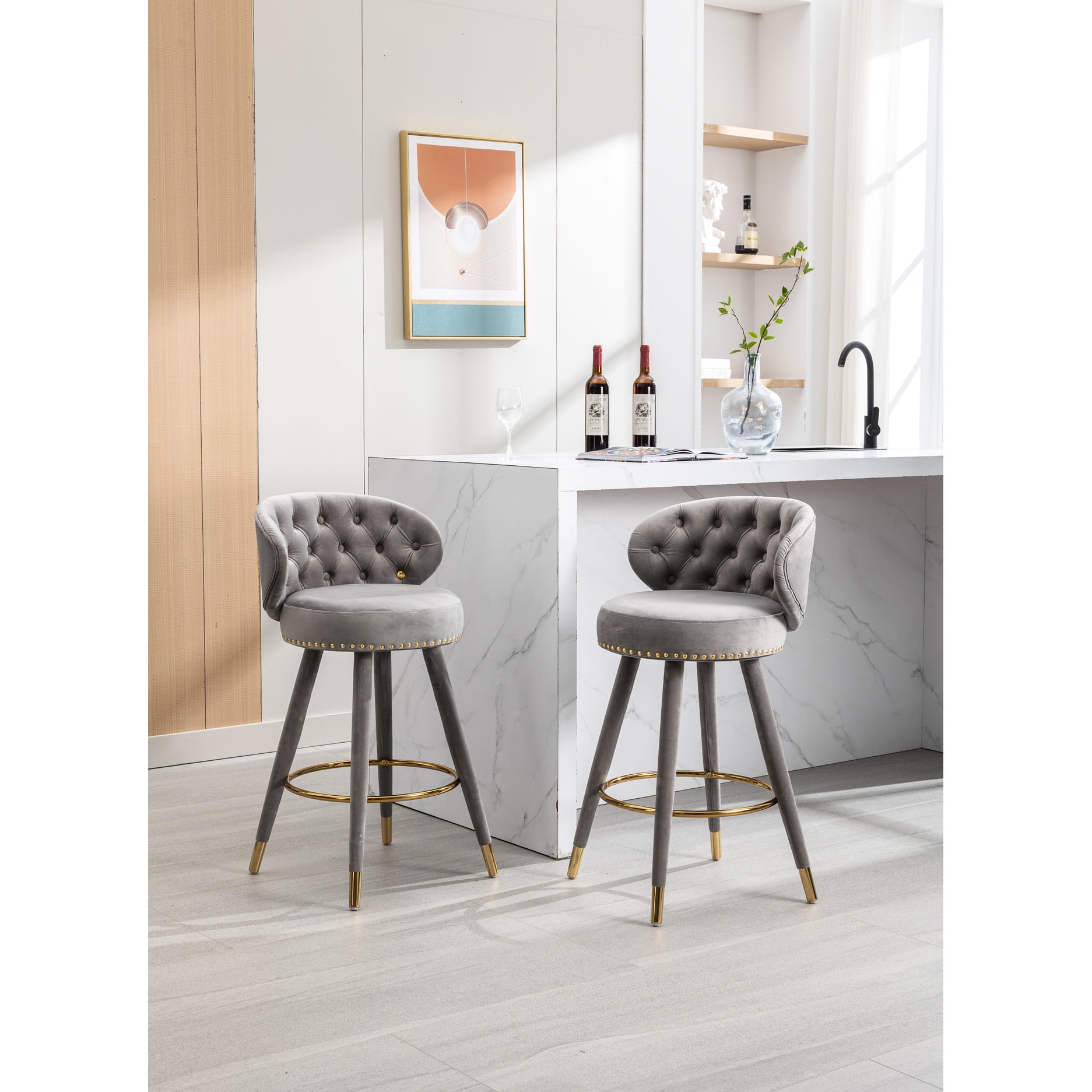2 Counter Height Bar Stools, 360-degree Swivel Functionality, Solid ...