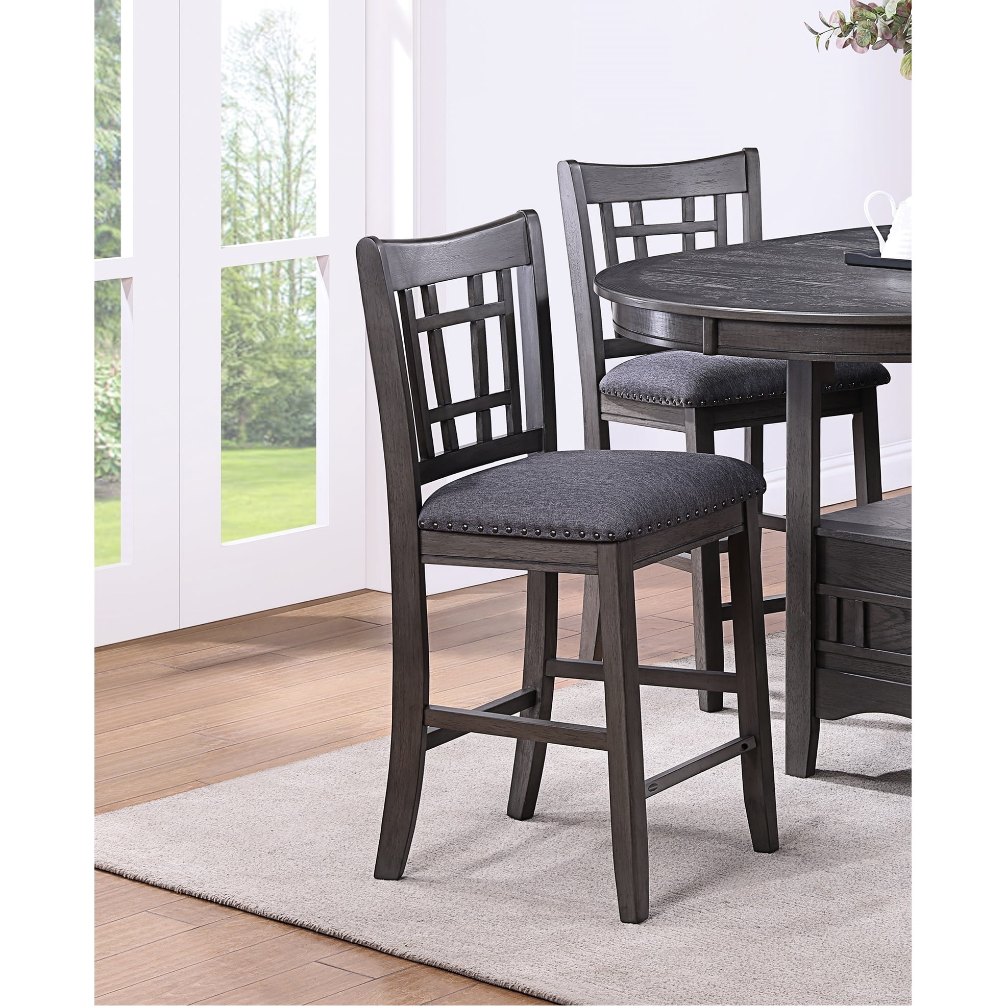Of 2 Counter Height Dining Chairs, Gray Foam Cushioned Seat, Solid Wood ...