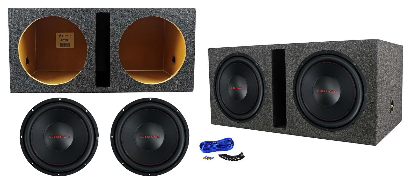 (2) Crunch CRW12D4 12" 800 Watt Car Audio Subwoofers+Vented Sub Box ...