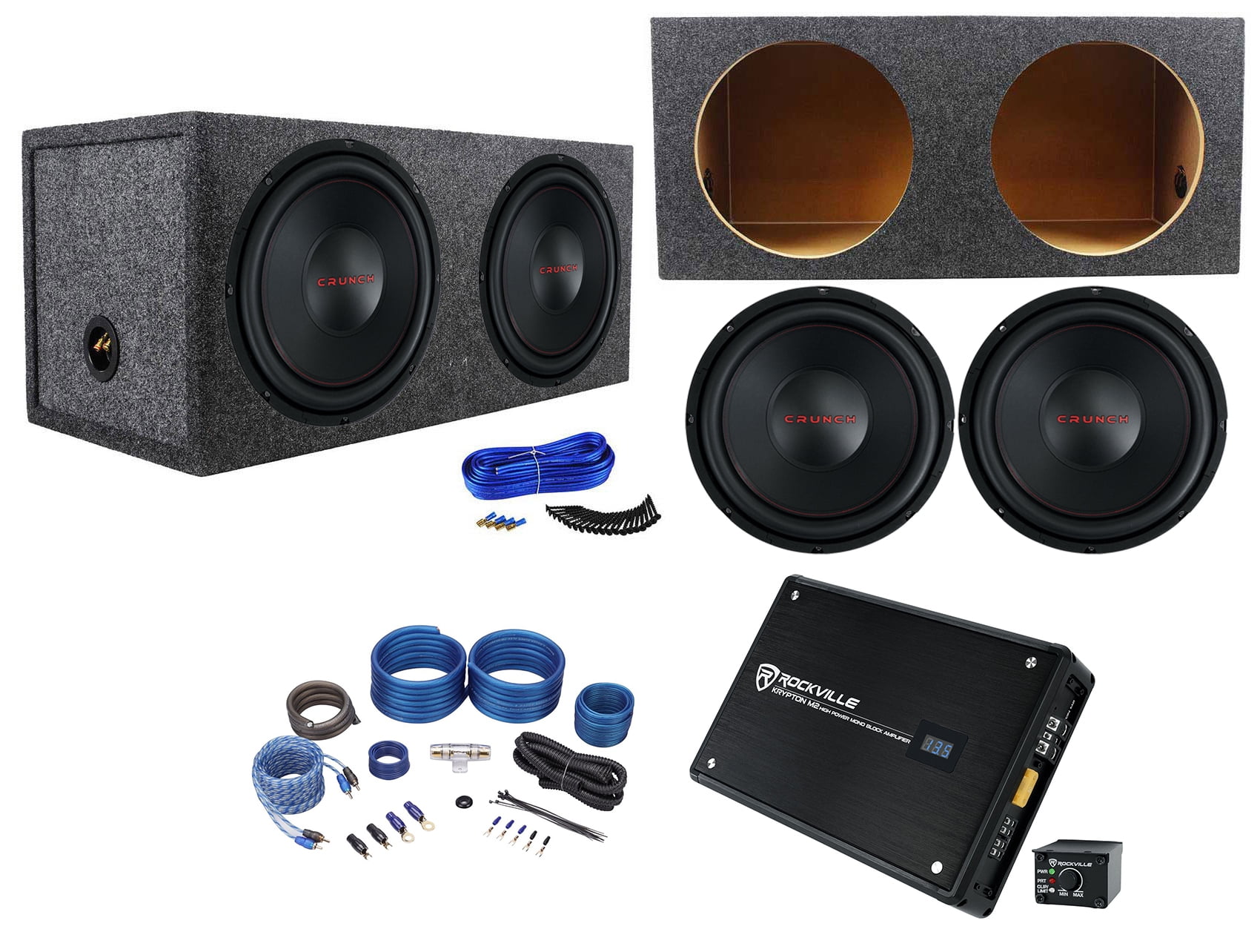 (2) Crunch CRW12D4 12" 800w Subwoofers+Sealed Sub Box+Mono Amplifier ...