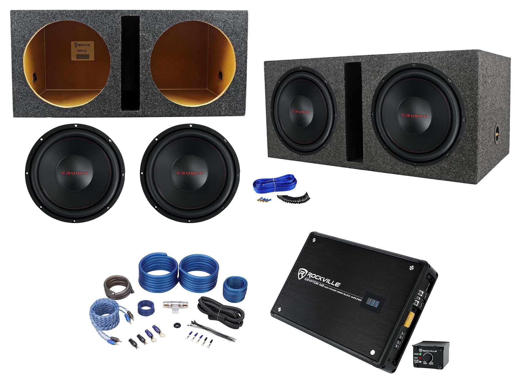 (2) Crunch CRW12D4 12" 800w Subwoofers+Vented Sub Box+Mono Amplifier ...