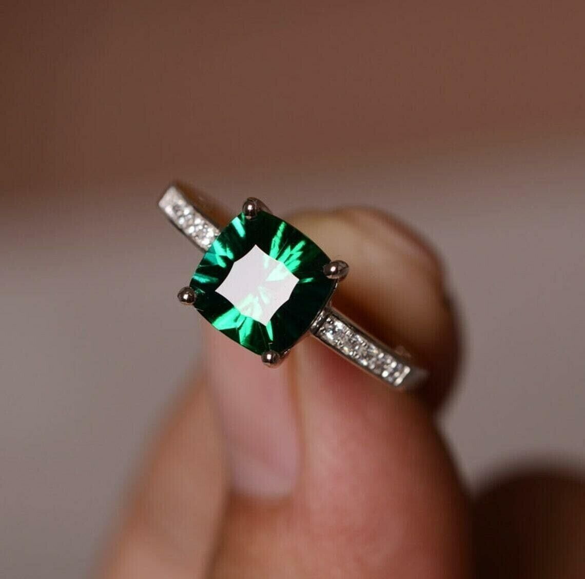 2 Ct Cushion Cut Lab Created Green Emerald Engagement Ring 14K White ...