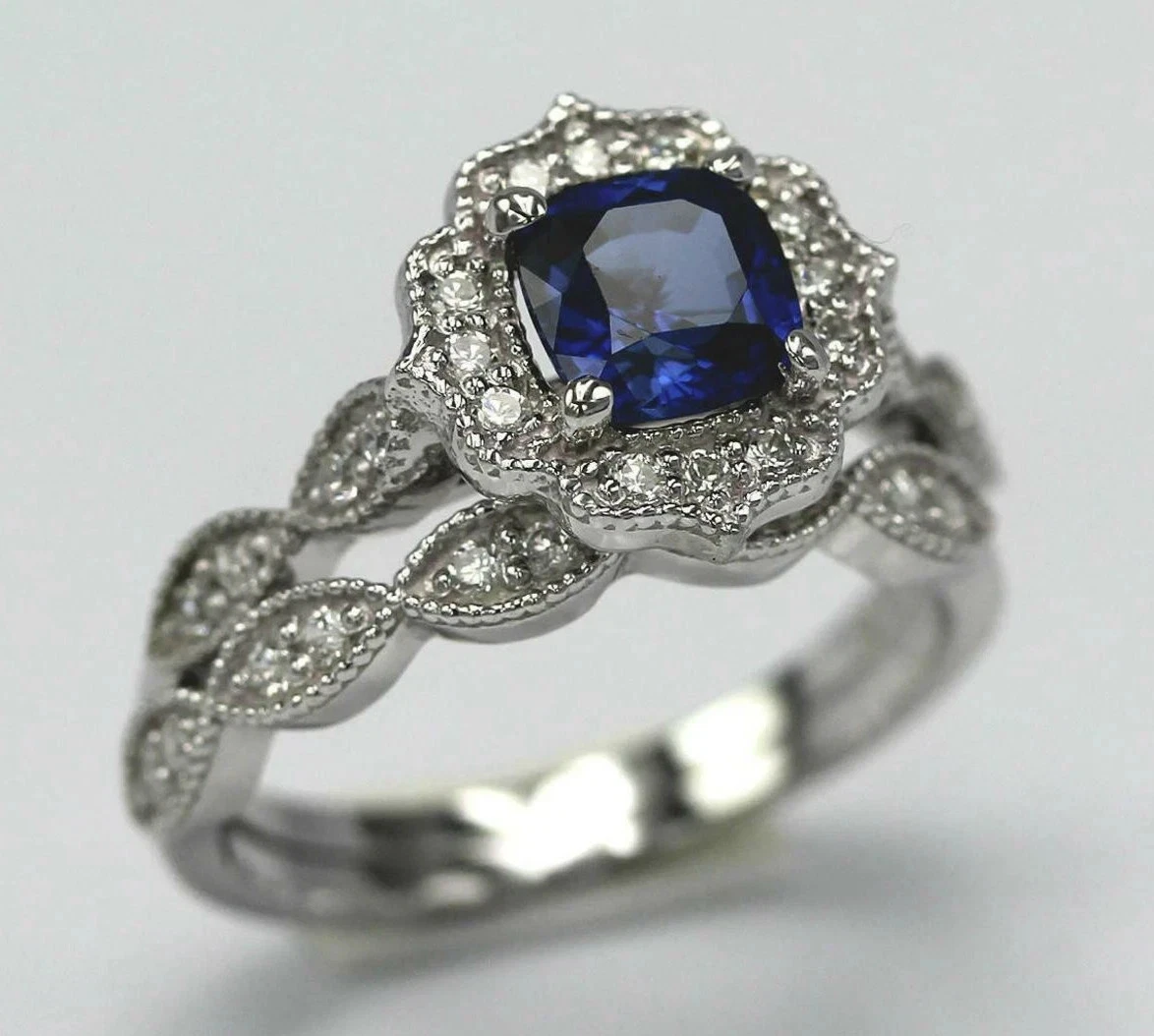 2 Ct Cushion Cut Simulated Blue Sapphire Women Bridal Set Ring Set 14K ...