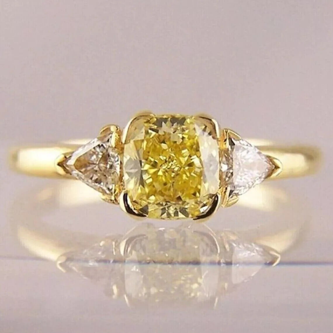 2 Ct Cushion Lab Created Canary Diamond Three Stone Ring 14K Yellow ...