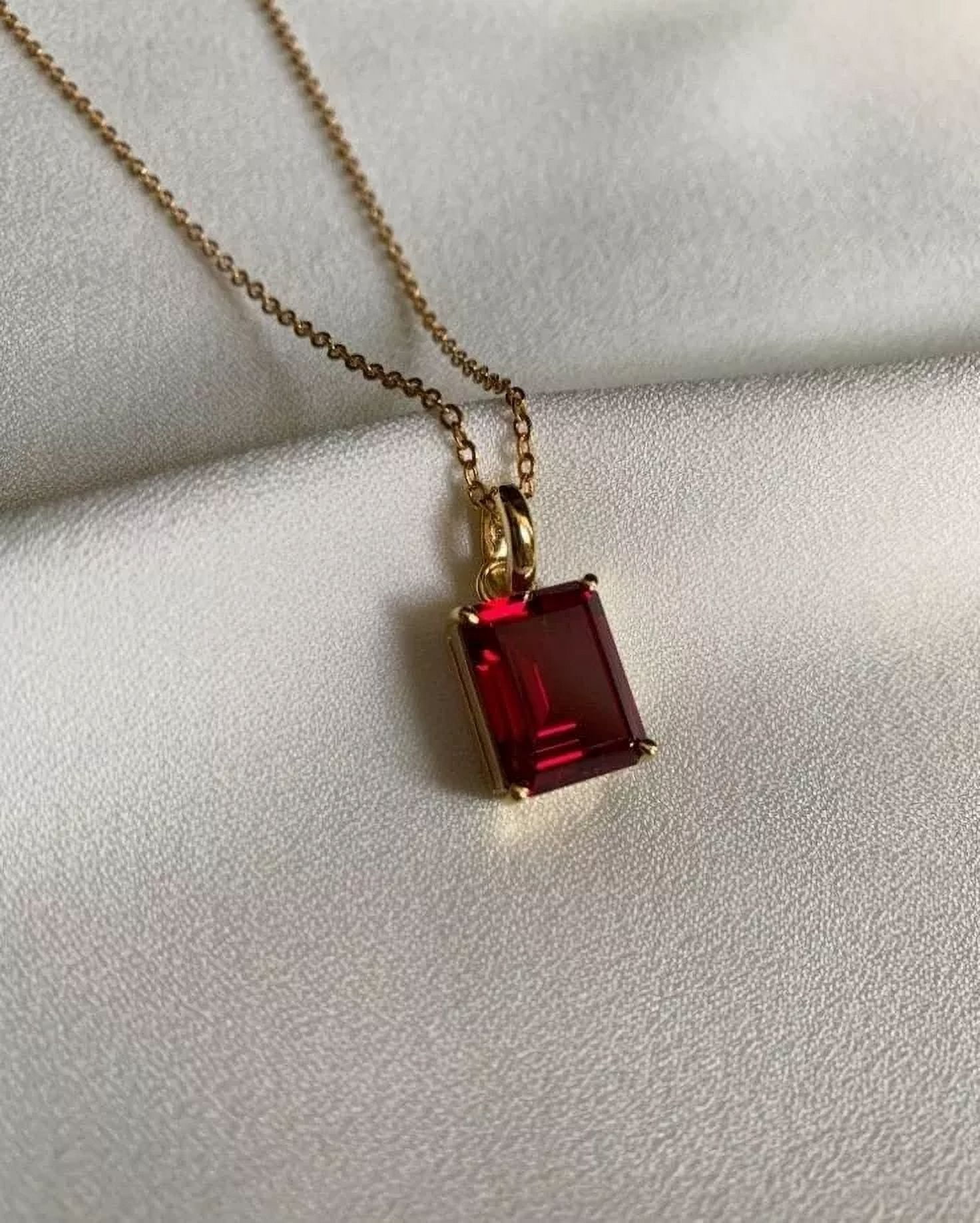 2 Ct Emerald Cut Lab-Created Red Ruby Solitaire Pendant Necklace 14K ...