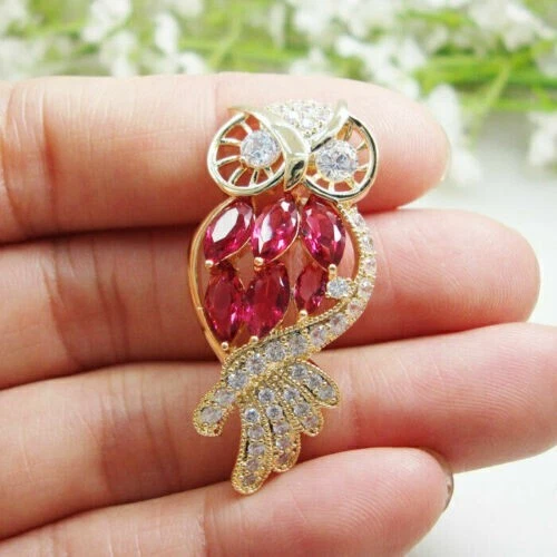 2 Ct Marquise Cut Simulated Red Ruby Owl Shape Brooch Pin 14K Yellow ...
