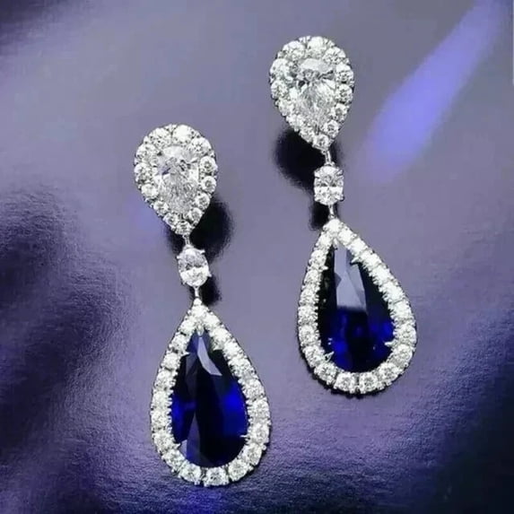 4Ct Pear Style Sapphire & Lab Created Diamond Wedding 14K White Gold ...