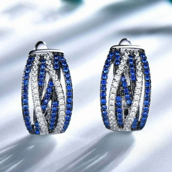 2 Ct Round Cut Simulated Blue Sapphire -Twisted Hoop Earrings 14K White ...