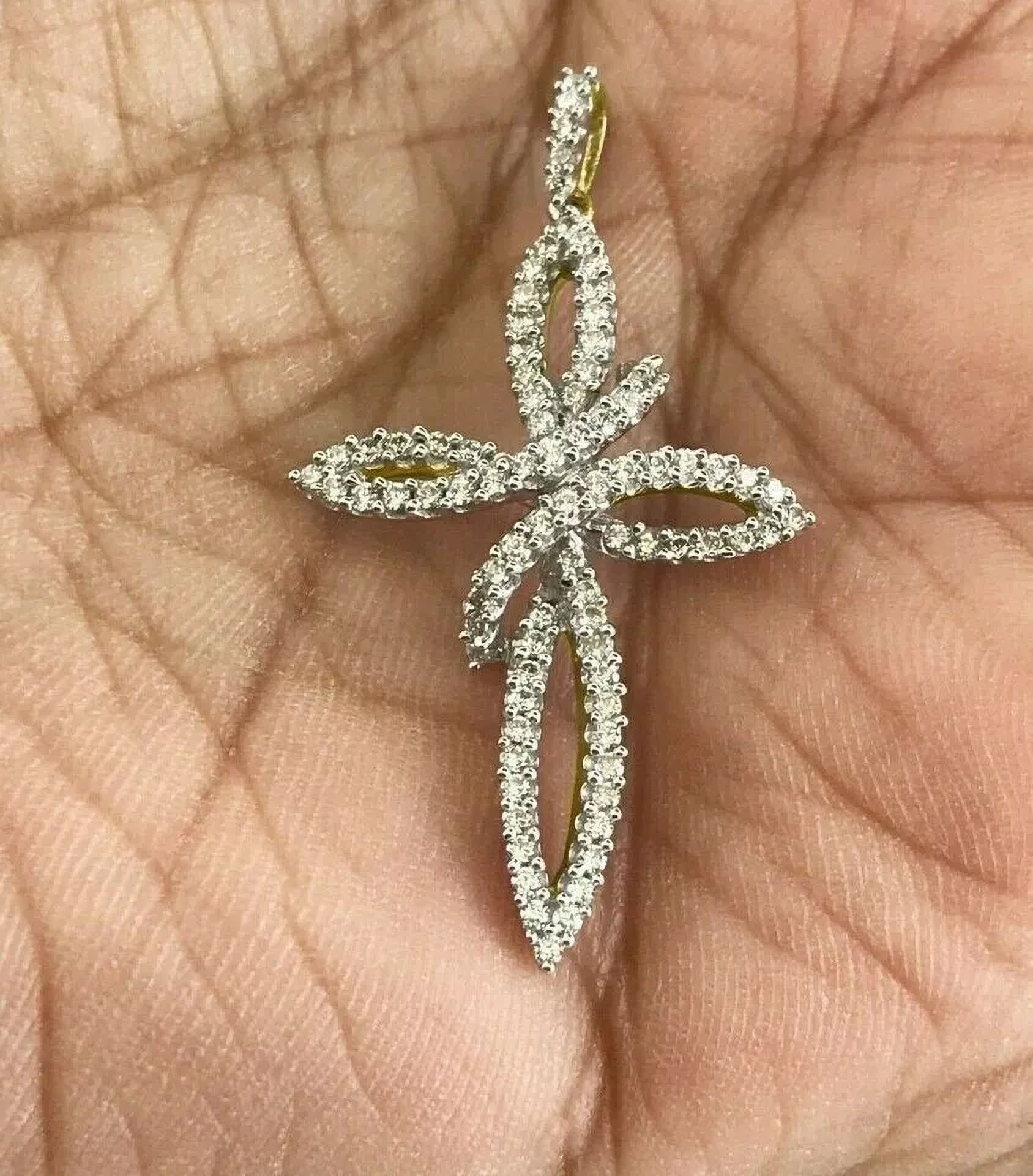 2 Ct Round Cut White Lab-Created Diamond Cross Pendant 14K Yellow Gold ...