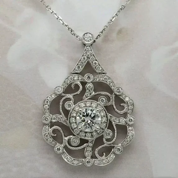 2 Ct Round Cut White Moissanite Women's Fancy Pendant 14k White Gold ...