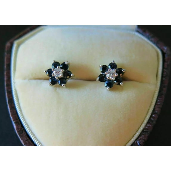 2 Ct Round Simulated Blue Sapphire & Diamond Flower Stud Earrings 14k ...