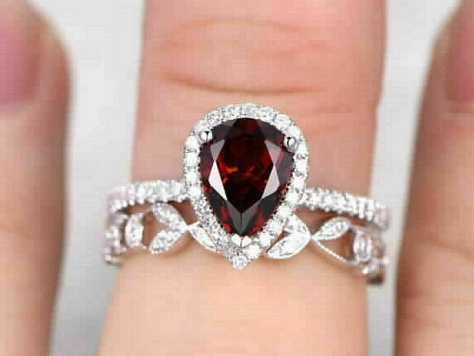 2 Ct Simulated Red Garnet Wedding Bridal Ring Pear Cut 14K White Gold ...