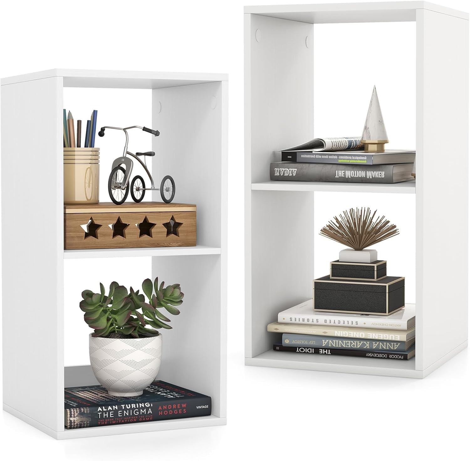 2-Cube Bookcase of 2, White Cubby Bookshelf w/Back Guardrail & Anti ...