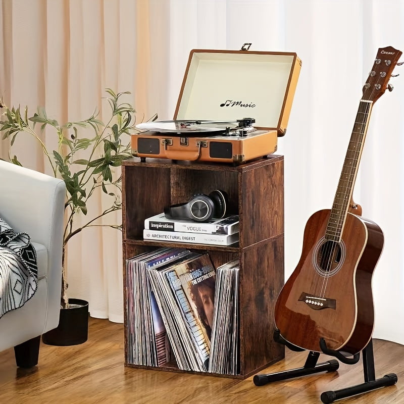 2 Cube Bookshelf, Brown Record Player Stand Holds Up To 100 Albums ...