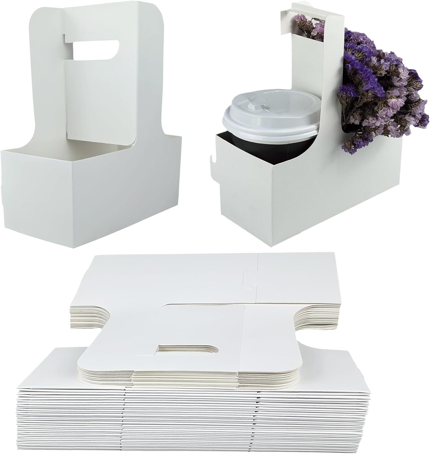 2 Cup Disposable Drink Carrier with Handle, White Cardboard Paper Cup ...