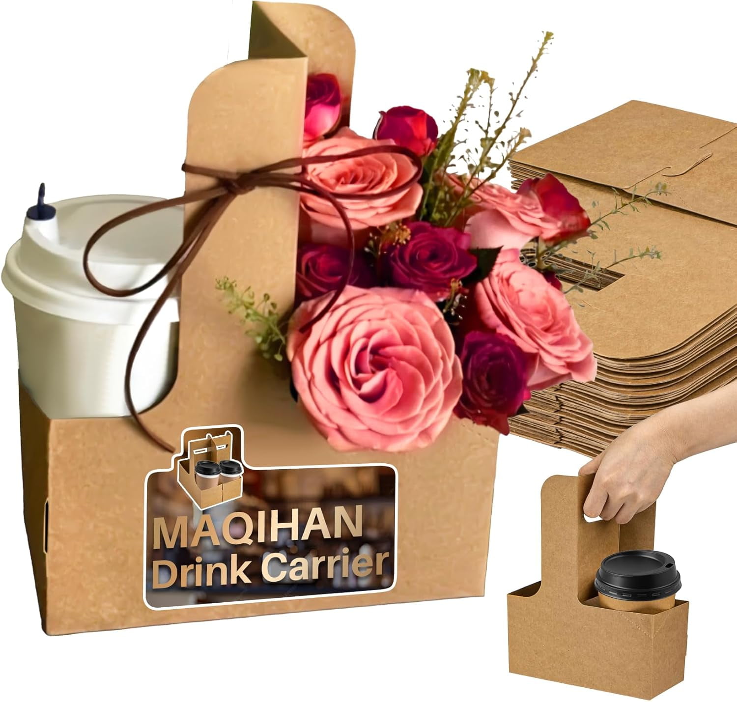 2 Cup Drink Carrier with Handle - 12Pcs Disposable Cardboard Coffee Cup ...