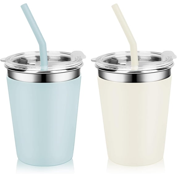 2 Cups with Straws and 12oz Stainless Water Drinking Bottle with Non ...