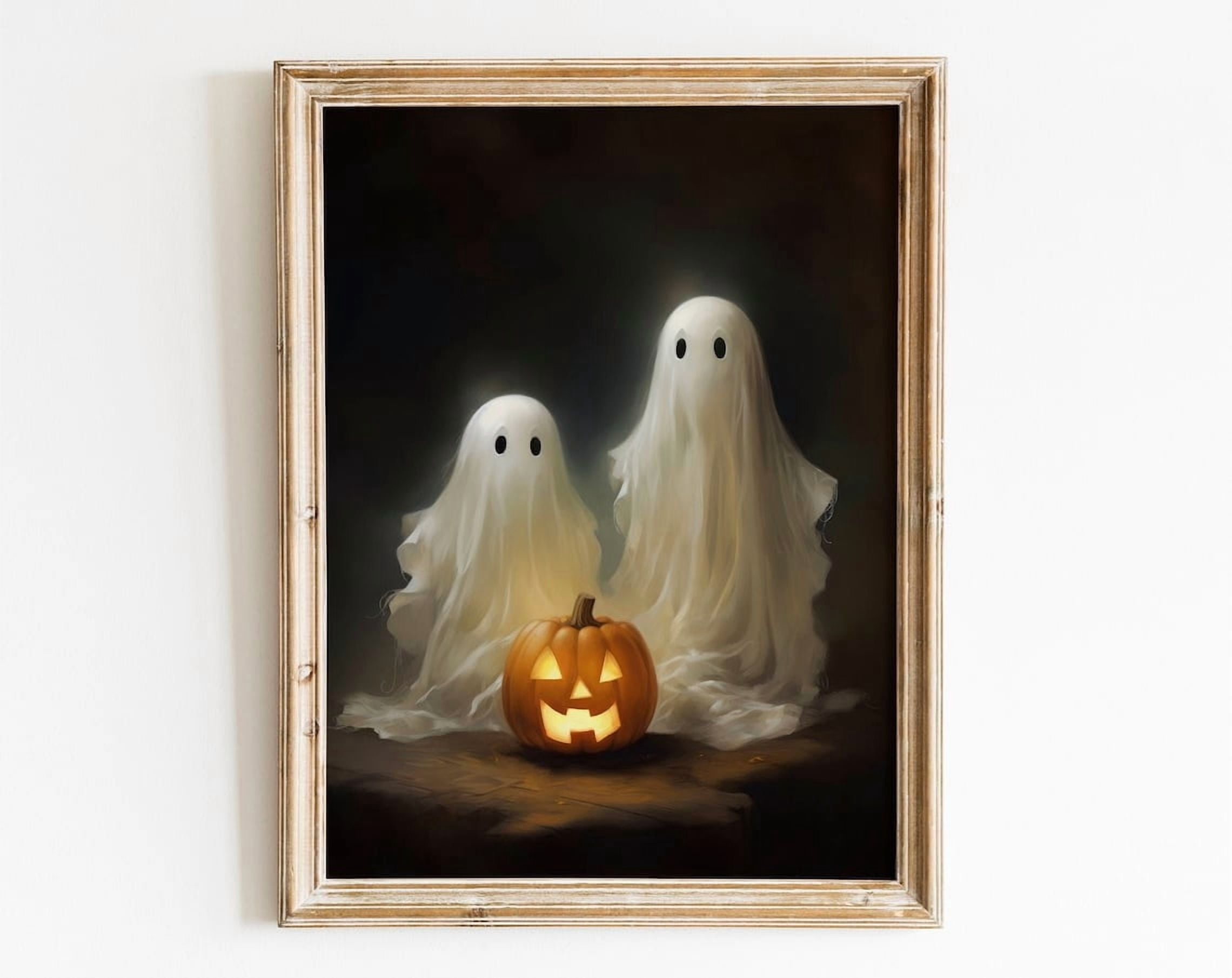 2 Cute Ghosts With Jack O' Lantern Print Spooky Wall Art Pumpkin Wall ...