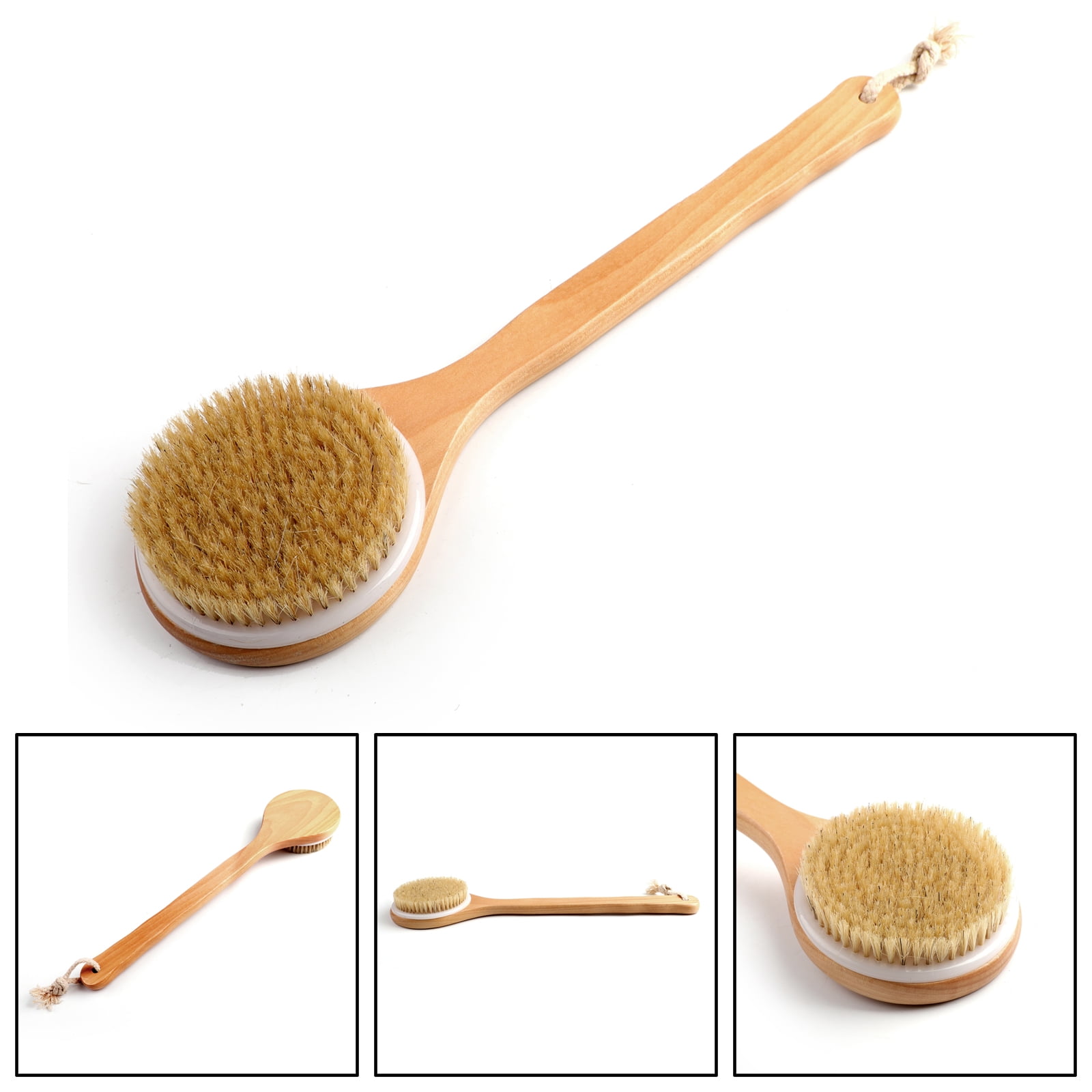 2 Day Premium Natural Boar Bristle Stiff Wood Rub Long Handle Wooden