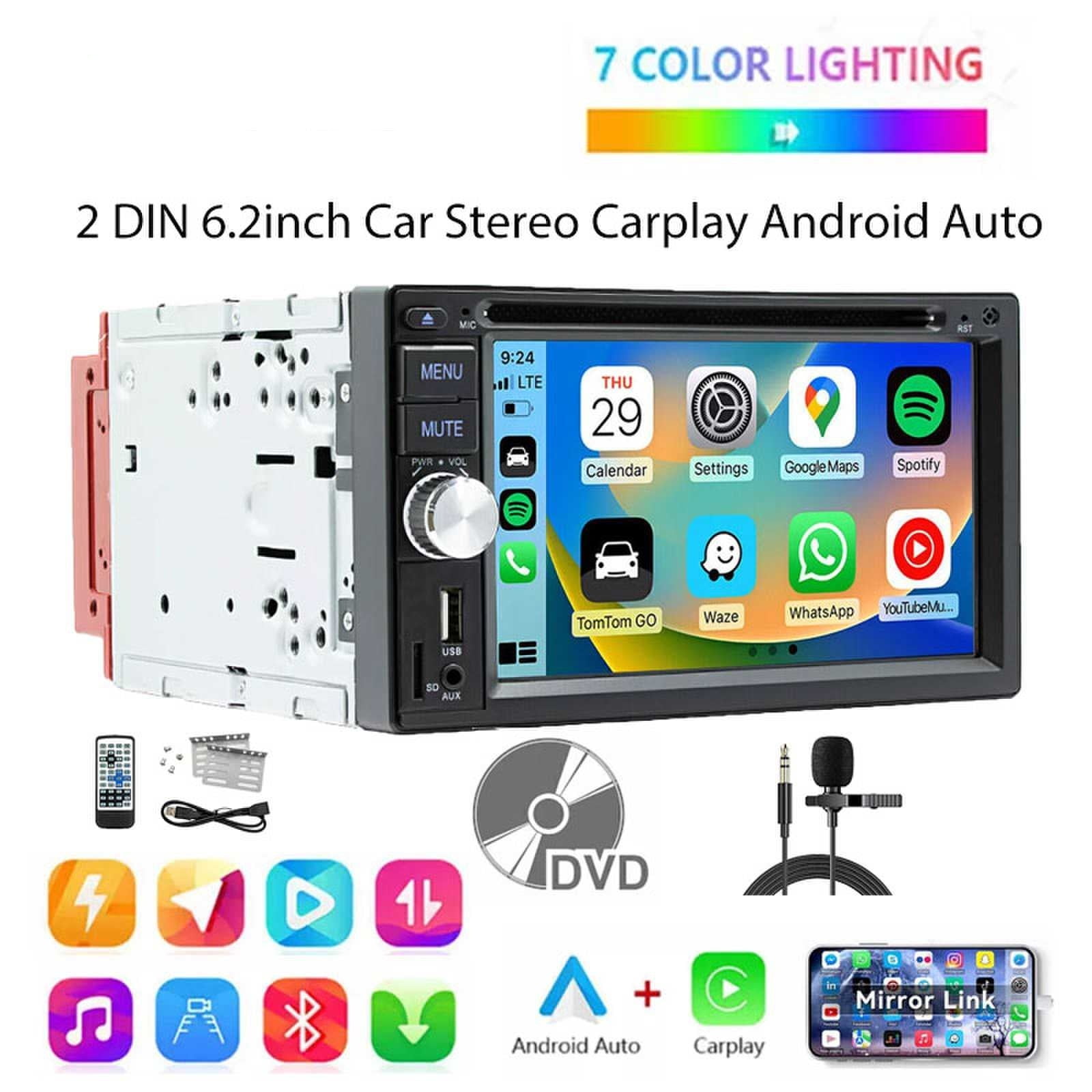 2 DIN 6.2inch Car Stereo CD DVD AM FM RDS USB Bluetooth TF AUX Carplay Android Auto Head Unit ...