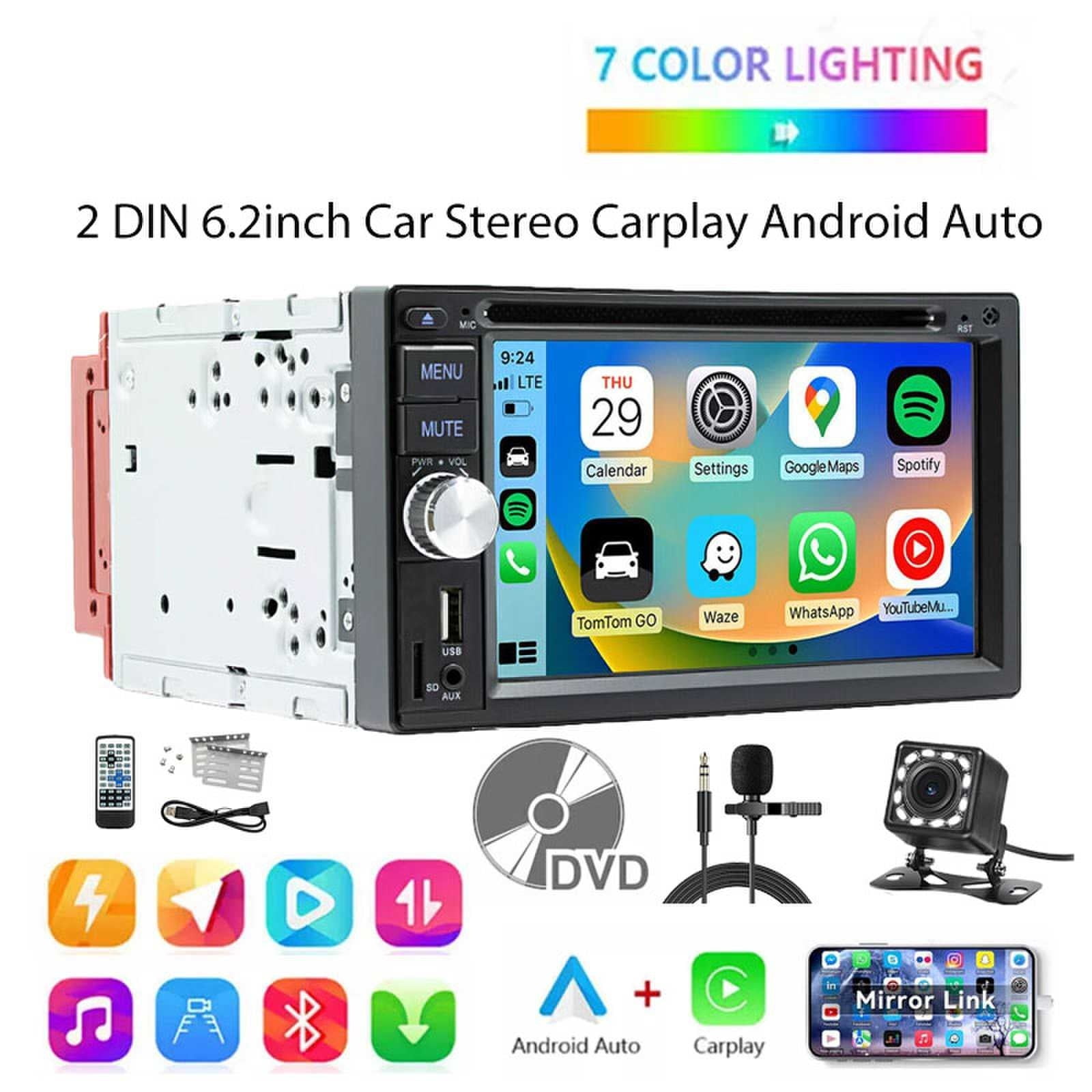 2 DIN 6.2inch Car Stereo CD DVD AM FM RDS USB Bluetooth TF AUX Carplay Android Auto Head Unit ...