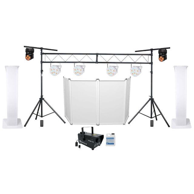 (2) DJ Totem Stands+Facade+Par Lights+Moving Heads+LED Fogger+Truss Bar ...