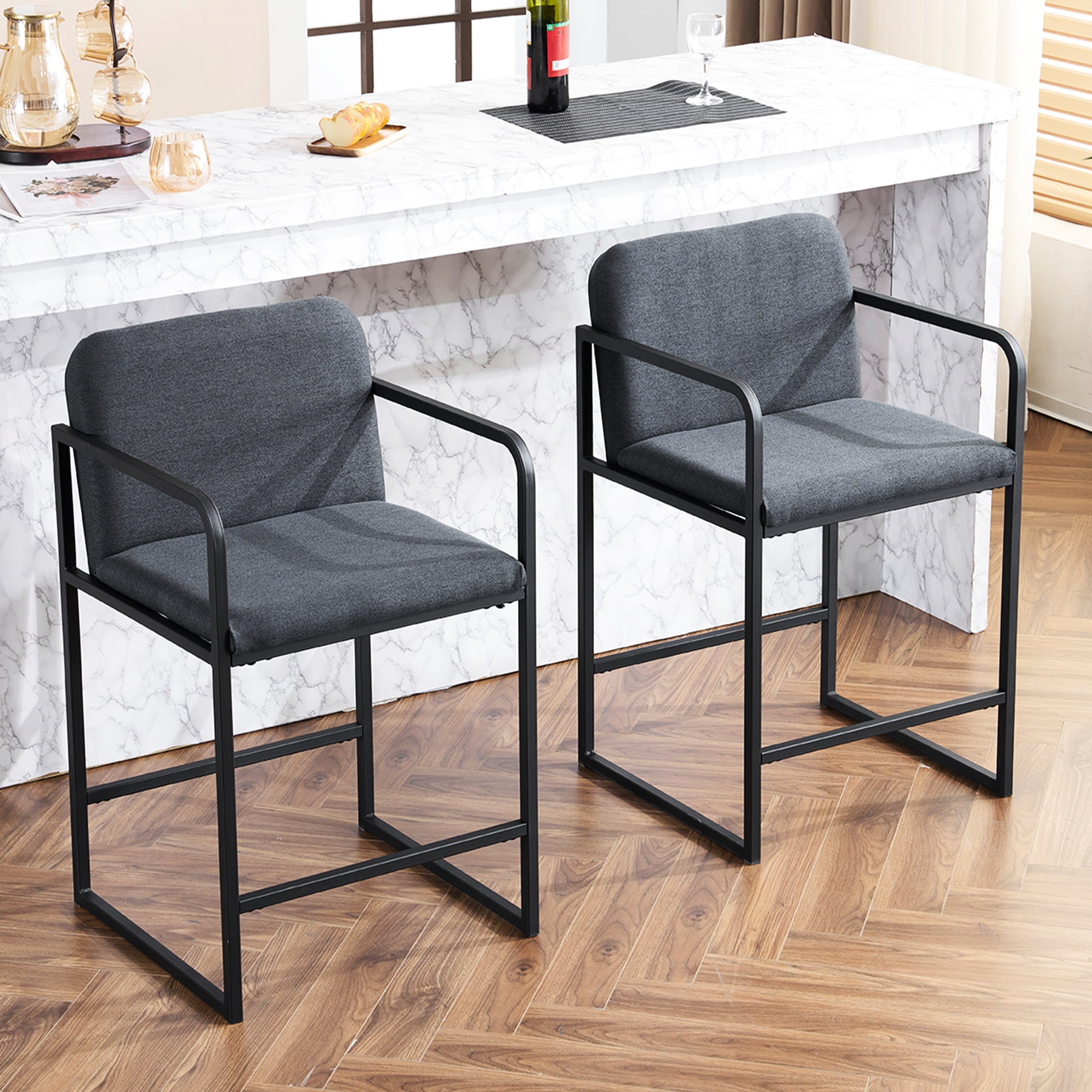 Of 2 Dark Gray Counter Height Stools With . Metal Frame & Padded Foam ...