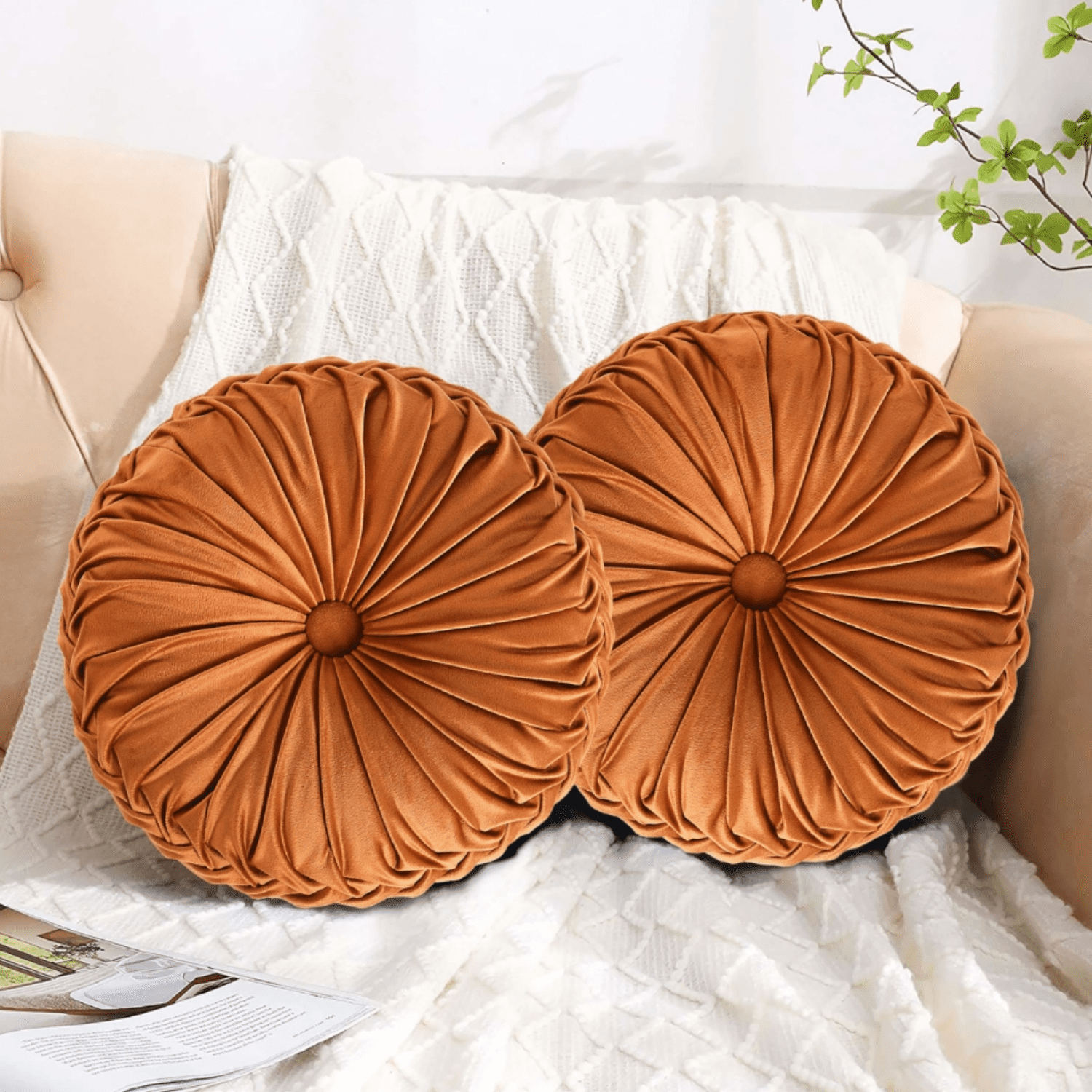 2 Decorative Round Pleated Throw Pillows, Classy Accent Pumpkin Throw ...