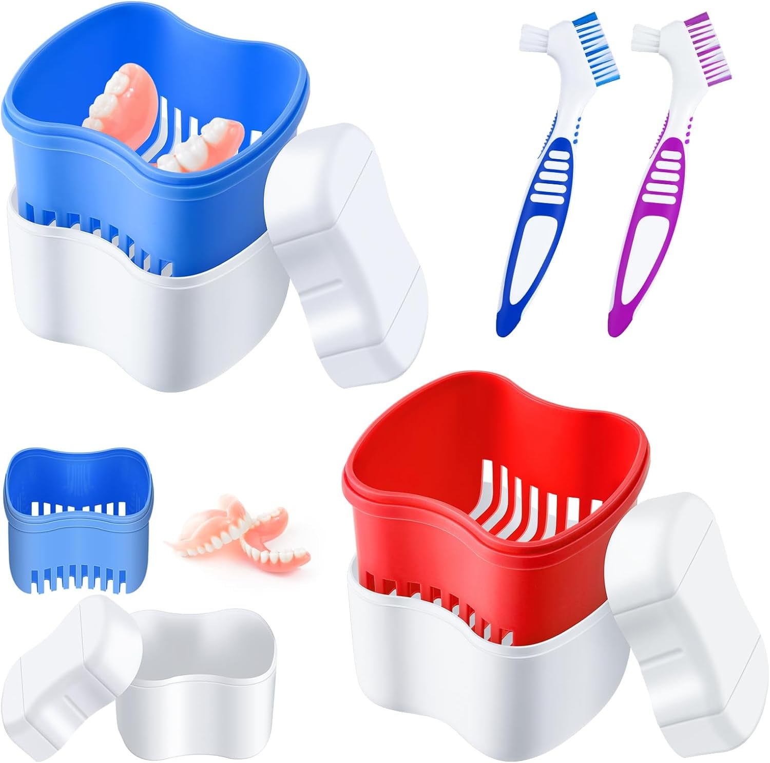 2 Denture Cases Denture Bath Cups with 2 Denture Cleaner Brushes ...