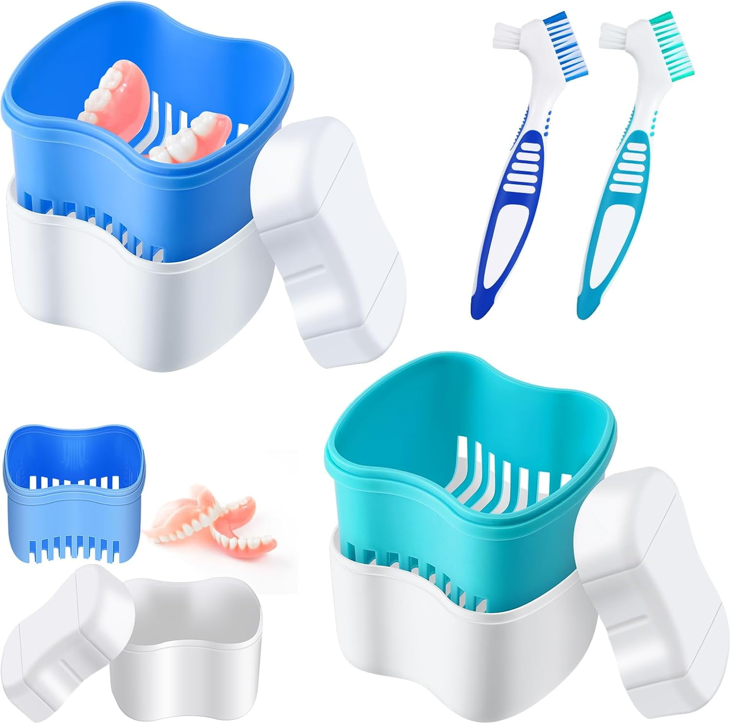 2 Denture Cases Denture Bath Cups with 2 Denture Cleaner Brushes ...