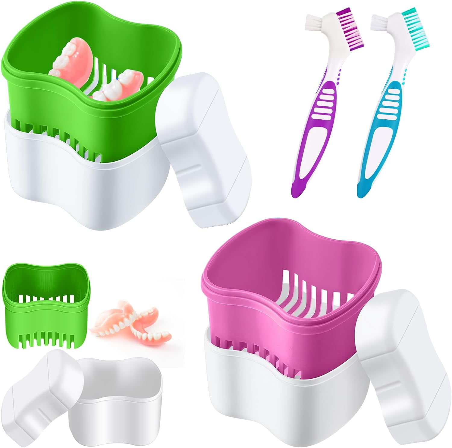 2 Denture Cases Denture Bath Cups with 2 Denture Cleaner Brushes ...