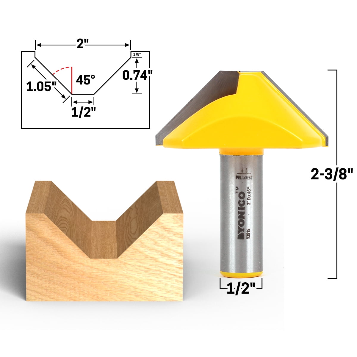 2" Diameter 45Â° V Groove Flat Bottom Router Bit - 1/2" Shank - Yonico ...